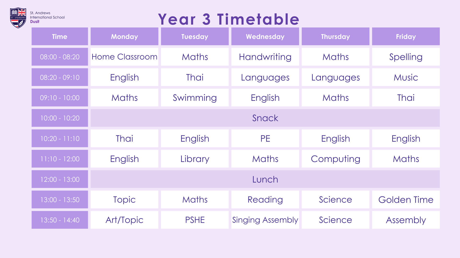 Primary School | Timetables | St. Andrews Dusit (Bangkok) - Standrewsdusit